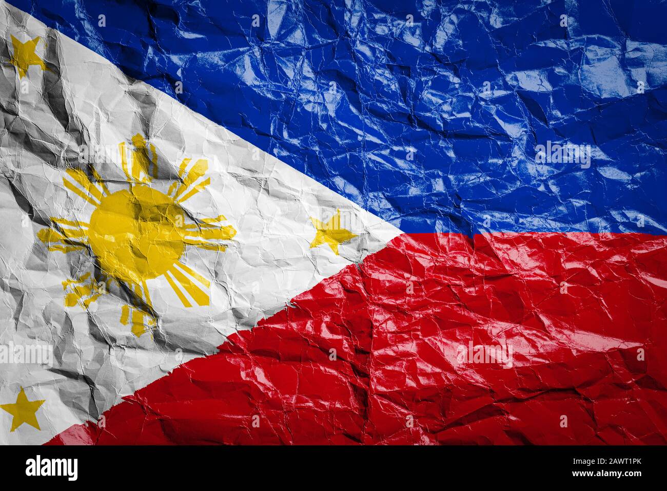 National flag of Philippines on crumpled paper. Flag printed on a sheet ...