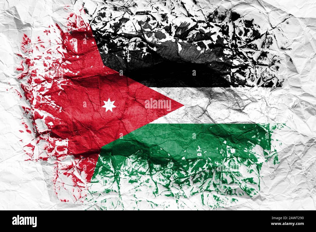 The national flag of the Jordan is painted on crumpled paper. Flag ...