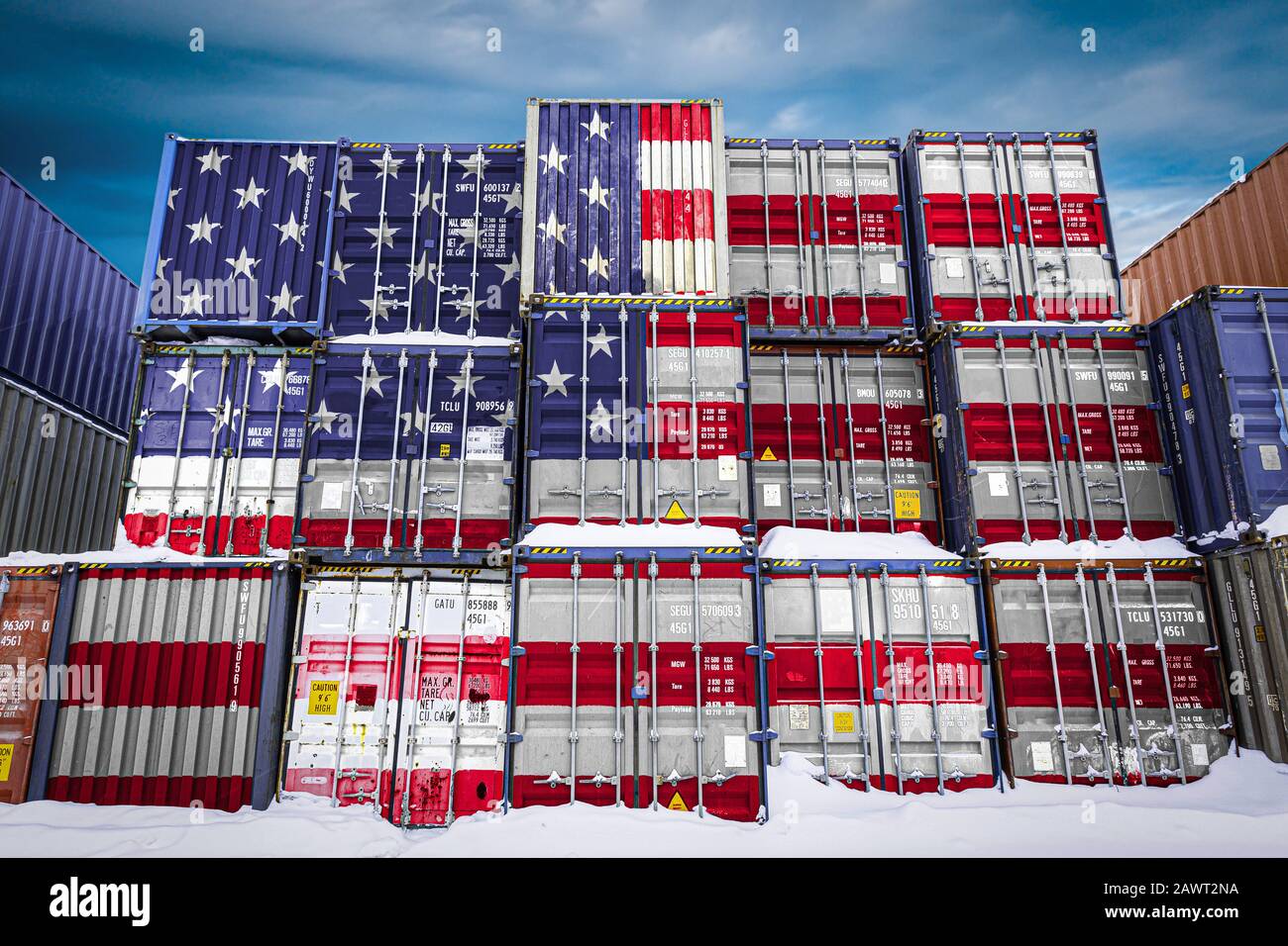 The national flag of USA on a large number of metal containers for ...