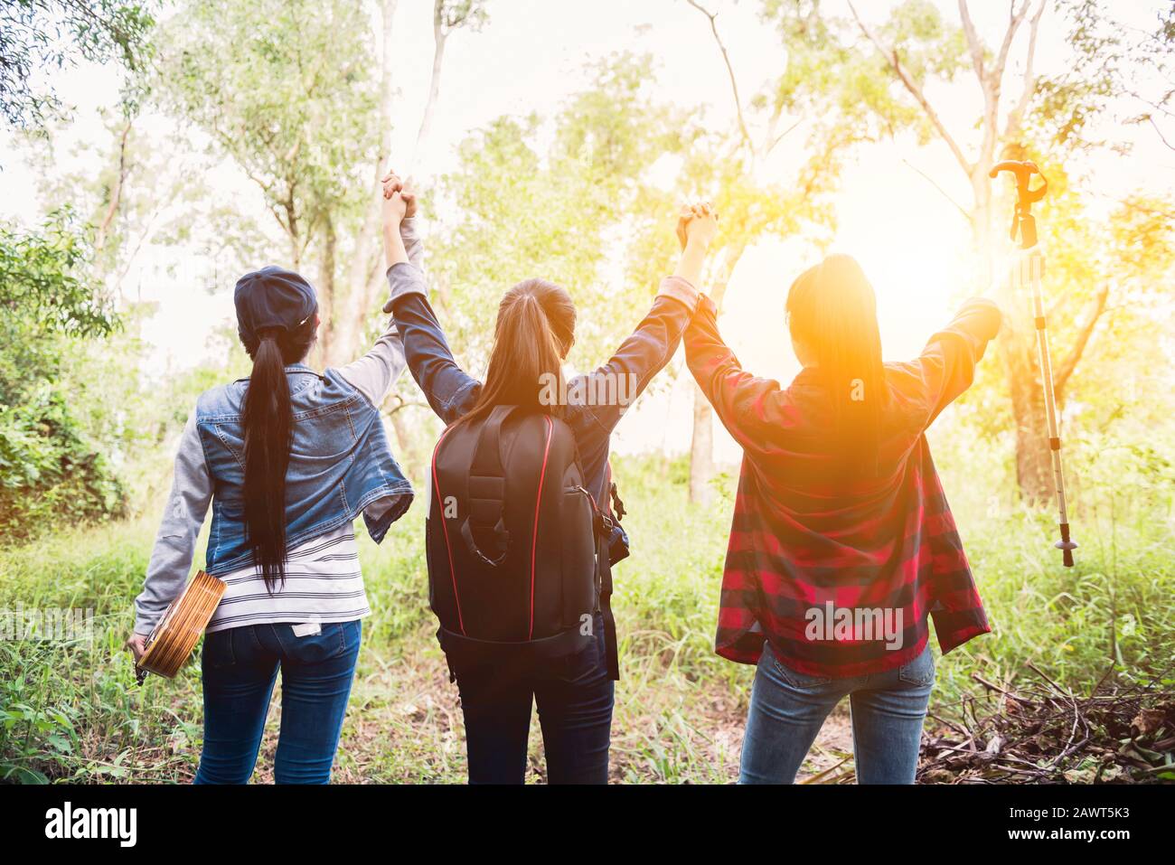 Hiking trail and trekking in the forest with friends. Walk Through ...