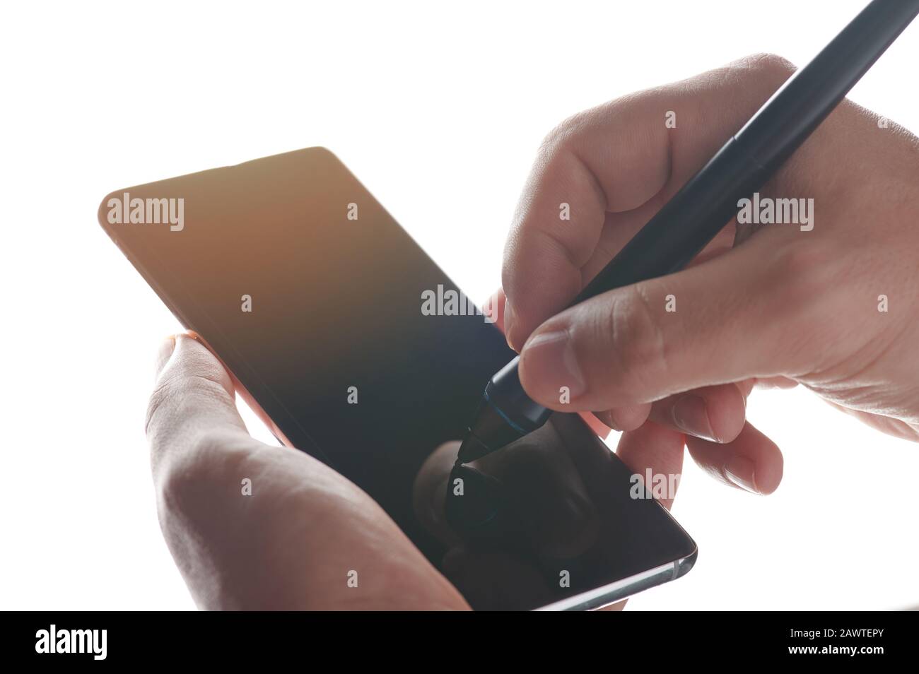 Signing online contract theme. Smartphone in hand with touch pen ...