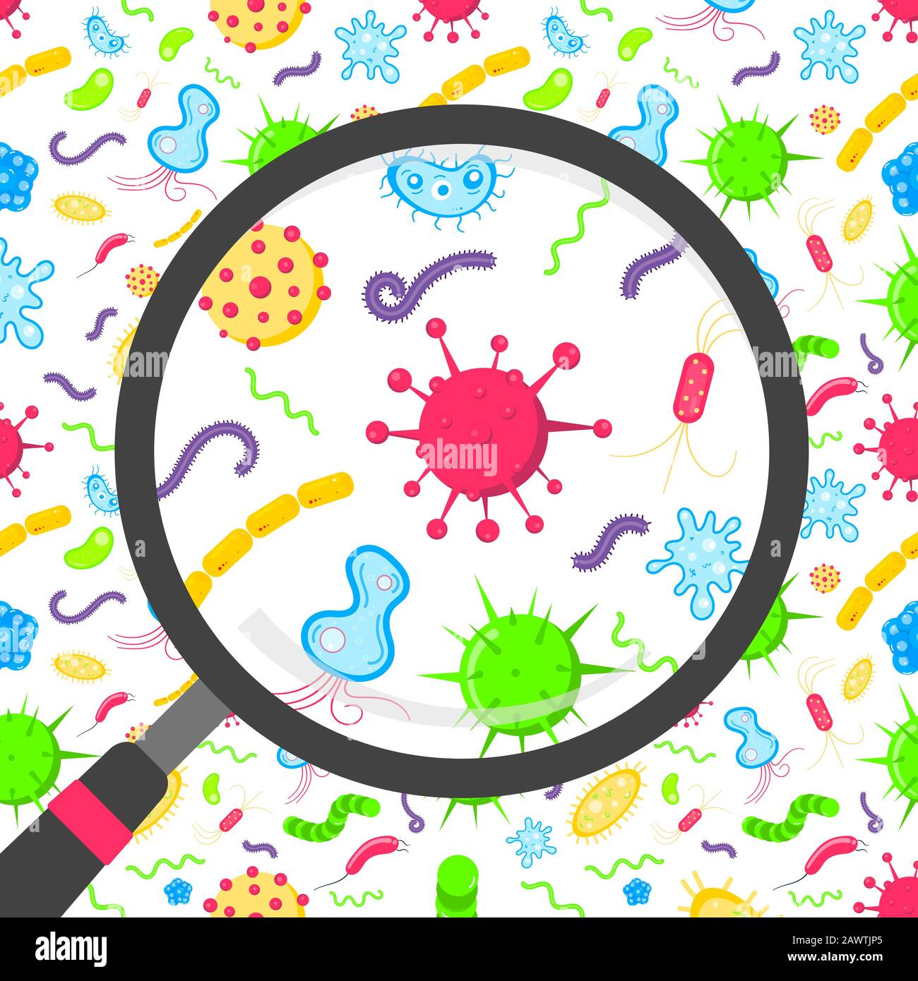 Microbes and bacterias in the circle magnifier flat style design vector ...