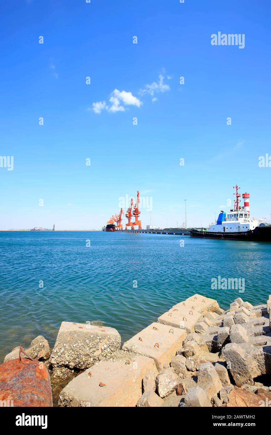 In freight terminal, gantry crane and cargo ships are in loading and ...