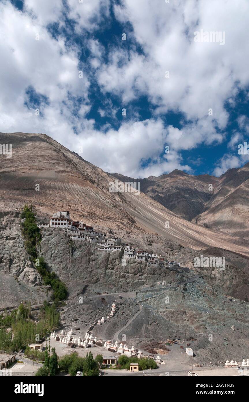 Aerial view of Diskit Monastery or Diskit Gompa is the oldest and ...