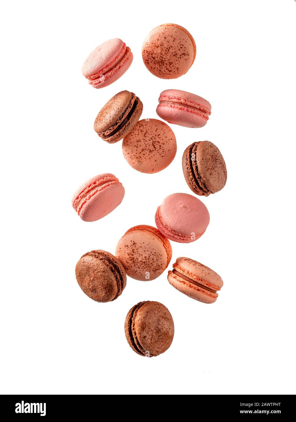 Fly french macarons. Levitate composition with different types colorful ...