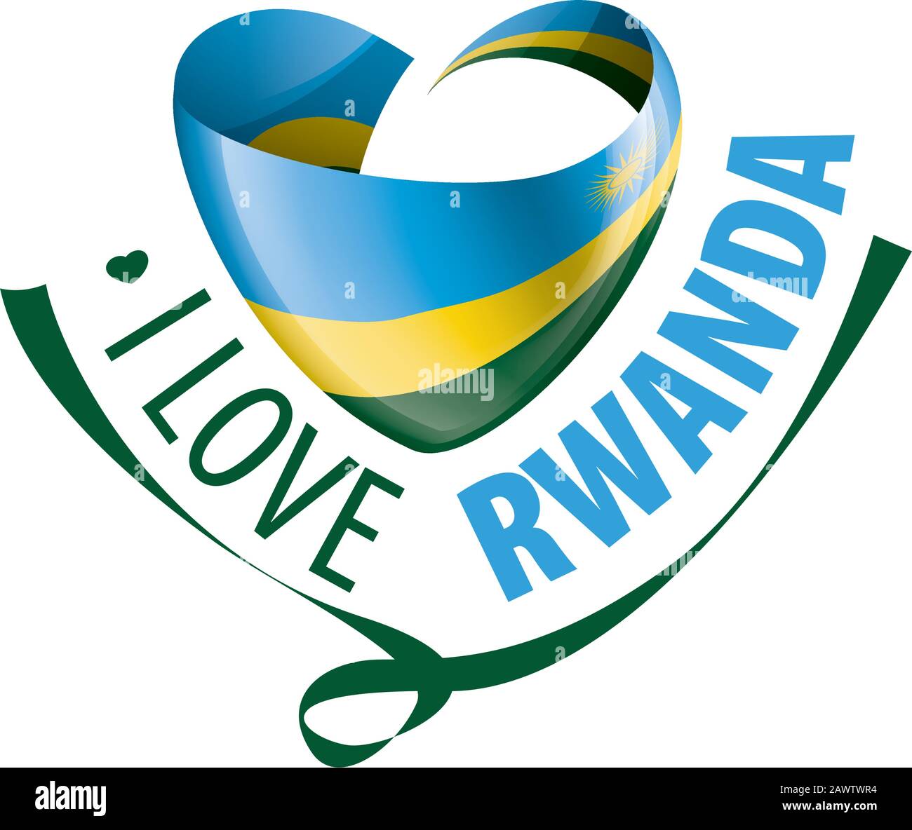 National flag of the Rwanda in the shape of a heart and the inscription ...