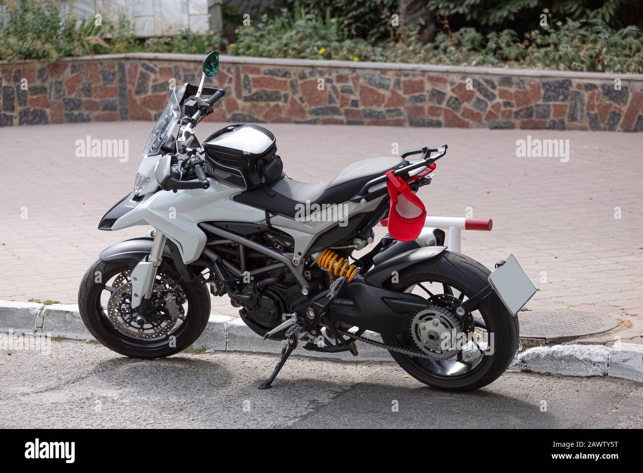 Motorcycle parked at the curb. City photo. Europe Stock Photo - Alamy