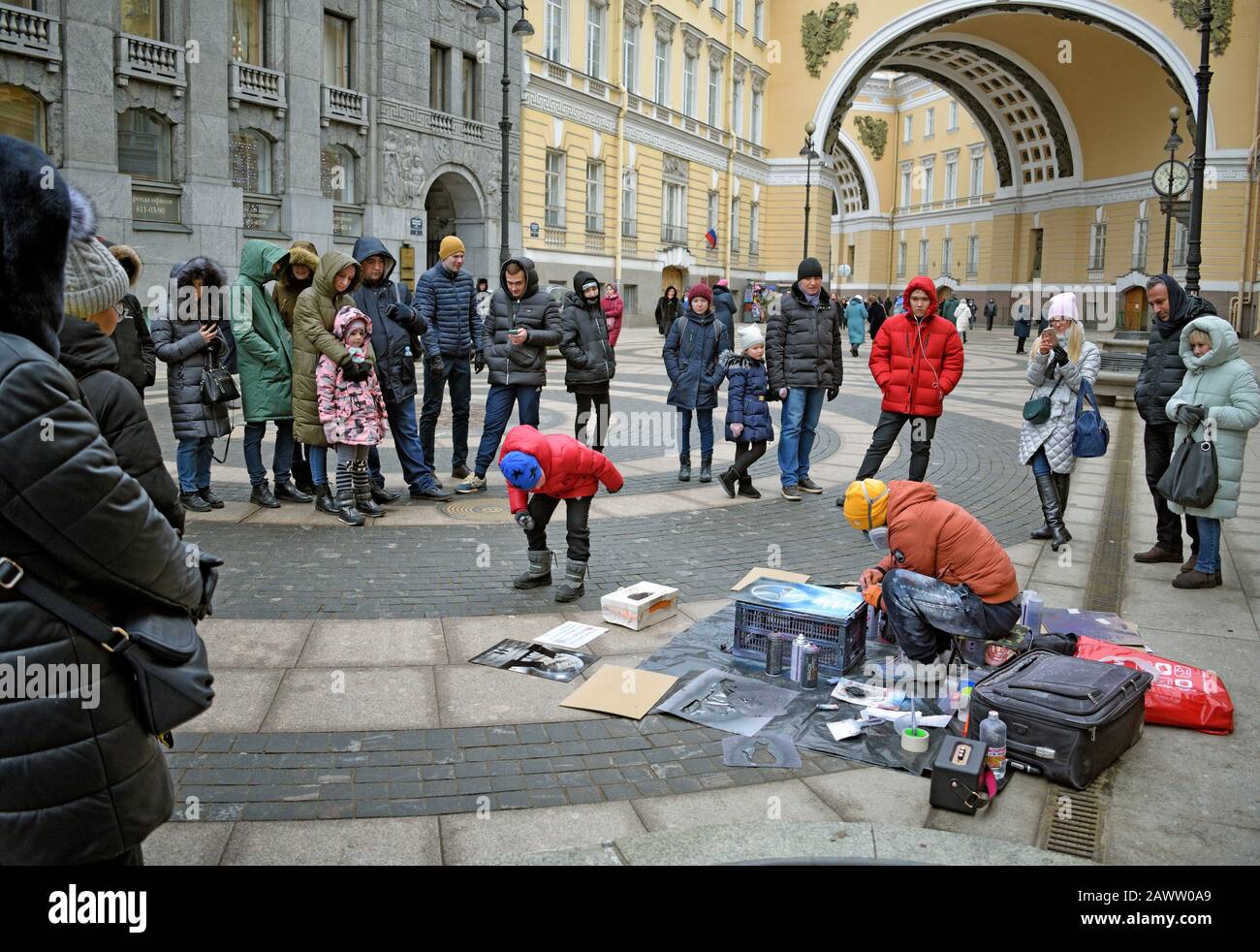 Saint-Petersburg.Russia.February 01.2020.Street artists painting their ...