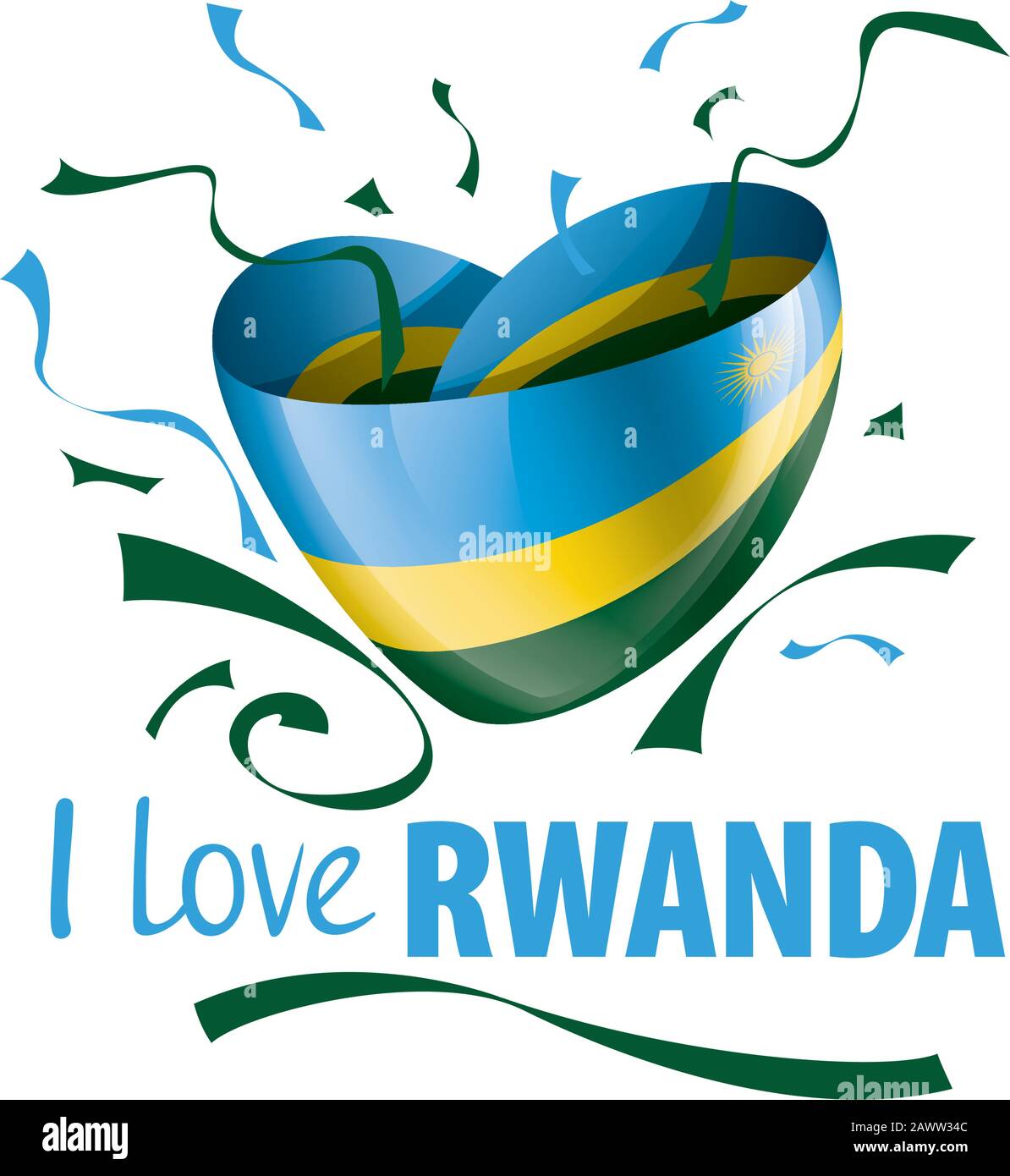 National flag of the Rwanda in the shape of a heart and the inscription ...