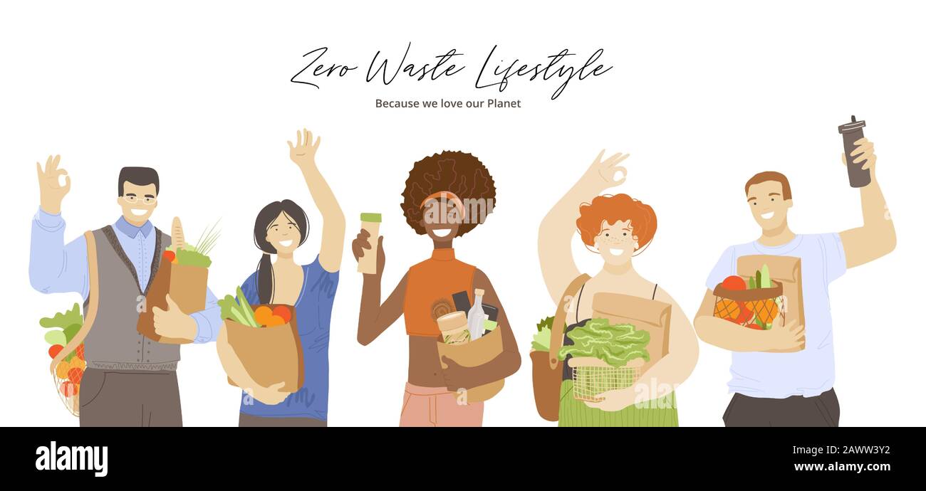 Group of happy joyful multiracial people holding zero waste ecological ...