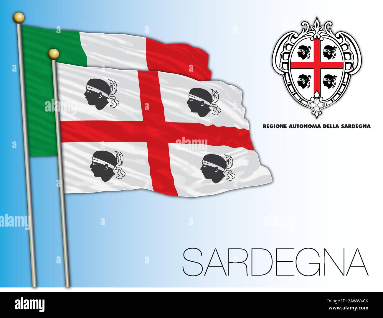 Sardinia or Sardegna official regional flag and coat of arms, Italy ...