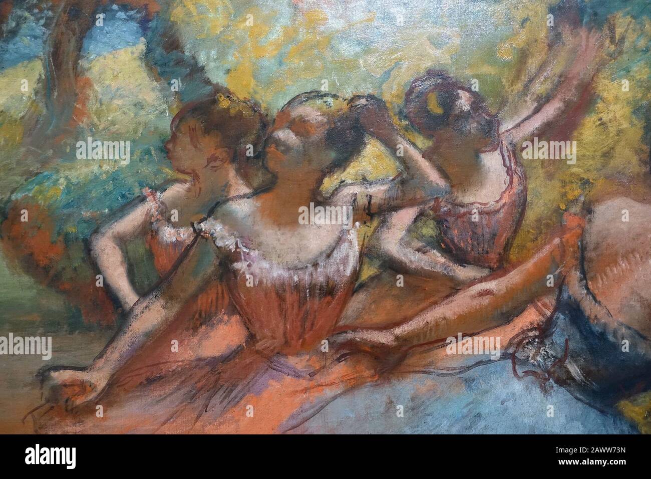 Four Ballet Dancers on Stage, by Edgar Degas, detail, c. 1885-1890, oil ...