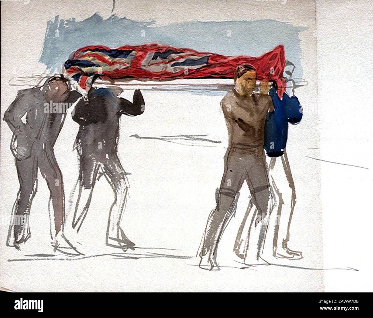 Four figures carrying a body wrapped in a red ensign Stock Photo - Alamy