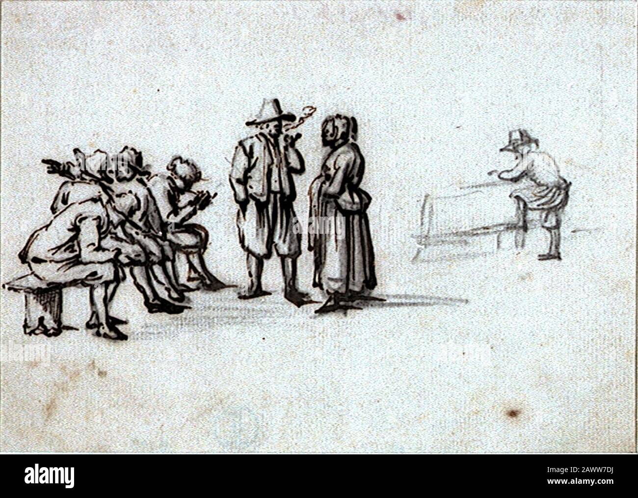 Four figures seated on a bench and two standing Stock Photo - Alamy