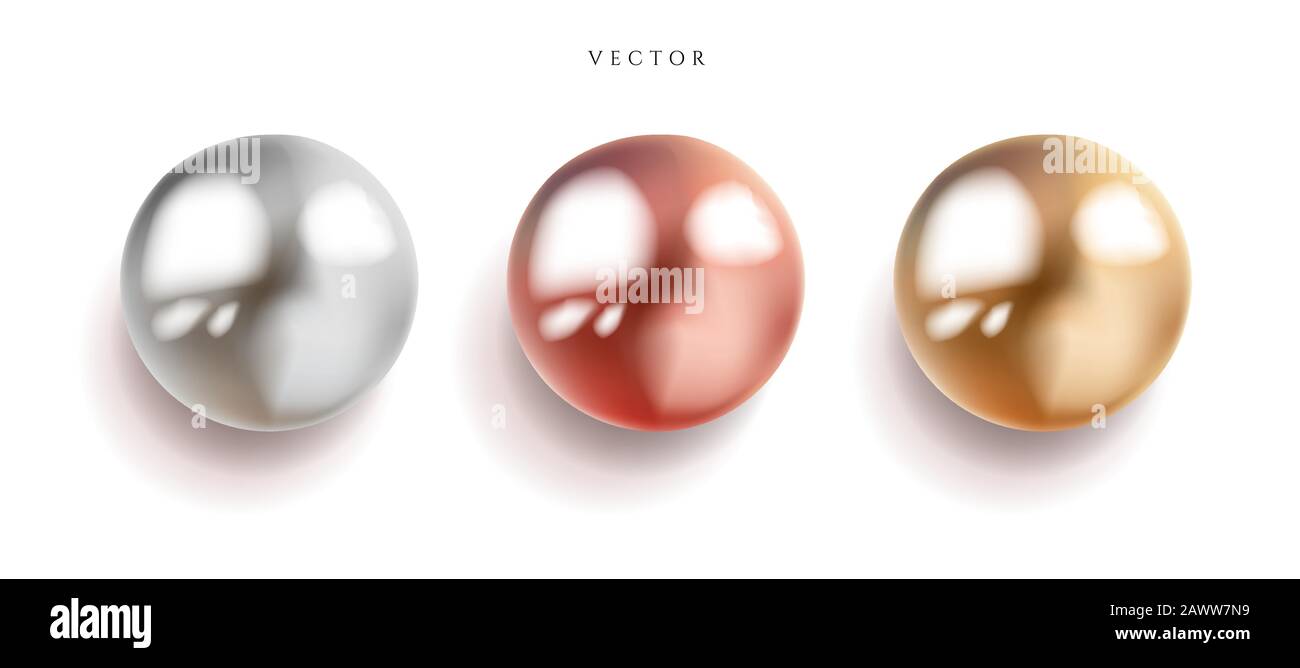 Set of pearl silver, pink or rose gold and gold spheres with glares ...