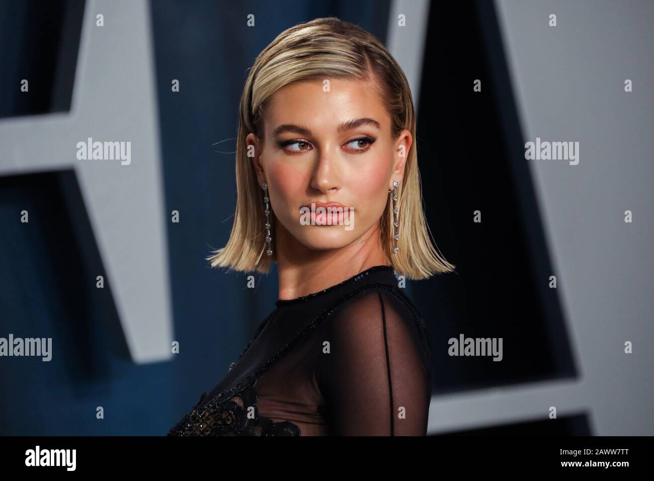 Hailey Bieber walking on the red carpet at the 2020 Vanity Fair Oscar ...