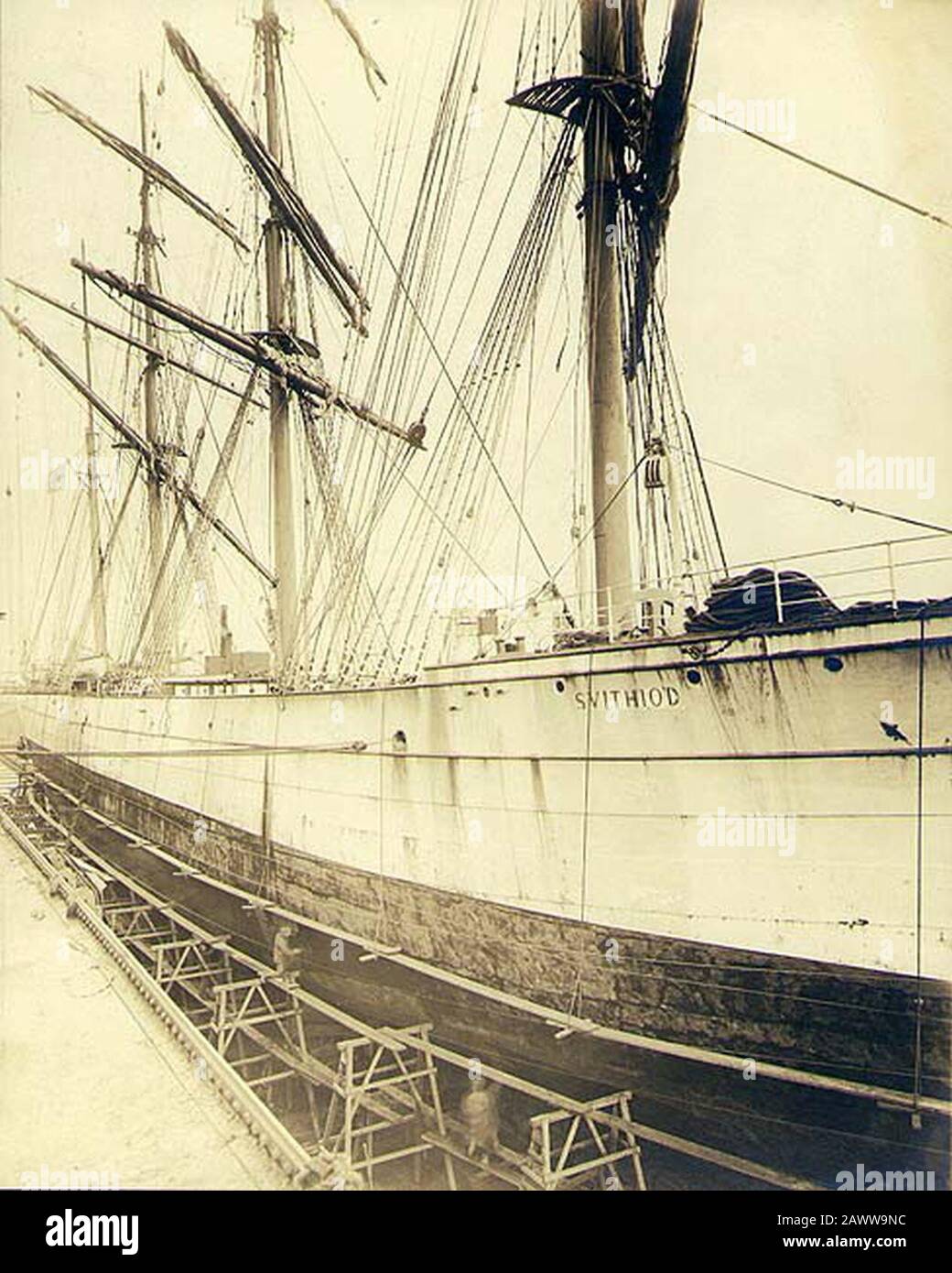 Four-masted bark SVITHIOD on drydock, Puget Sound port, Washington, ca ...