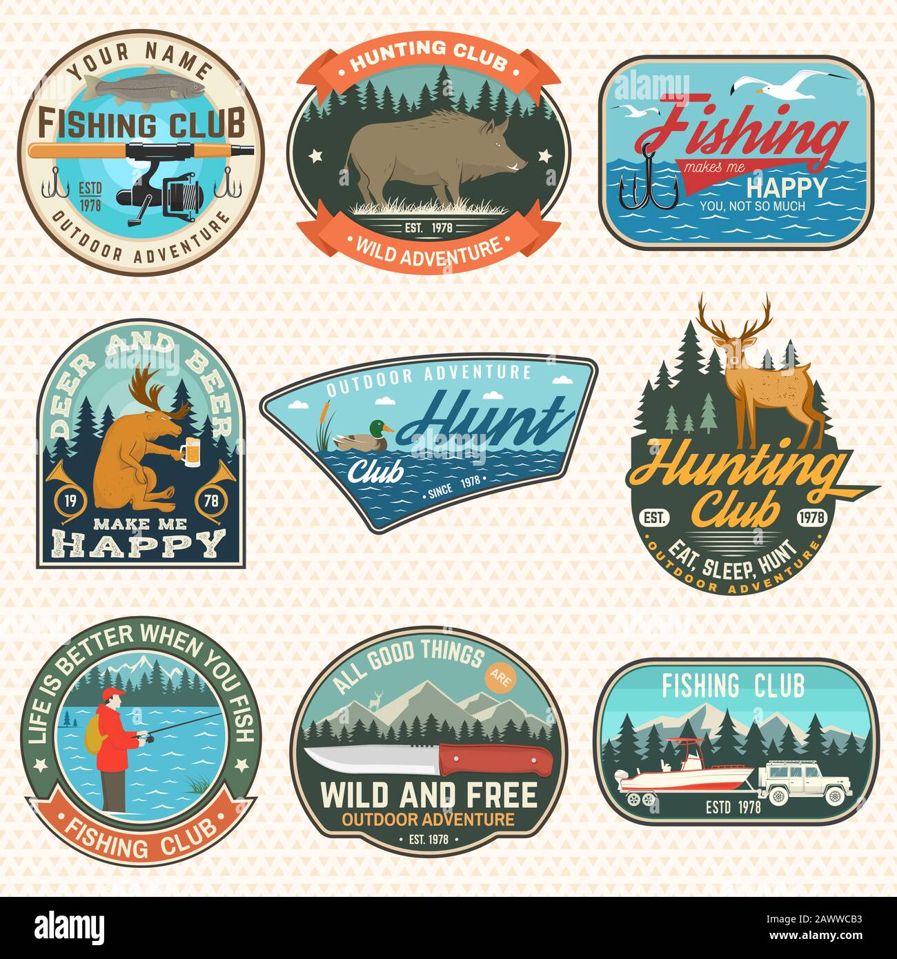 Set of hunting and fishing club patches. Vector illustration. Concept ...