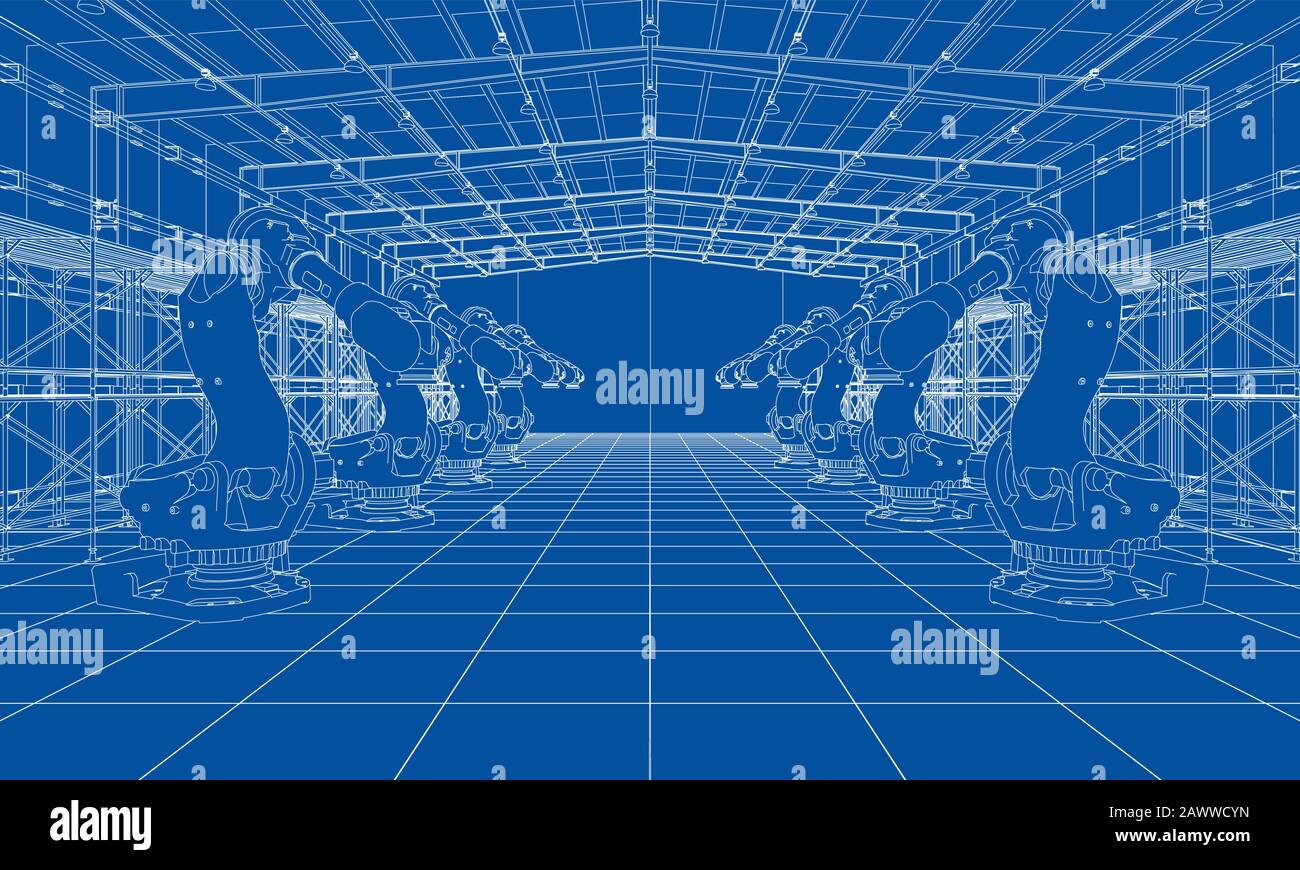 A plant with industral robots manipulators. Blueprint style. Vector ...