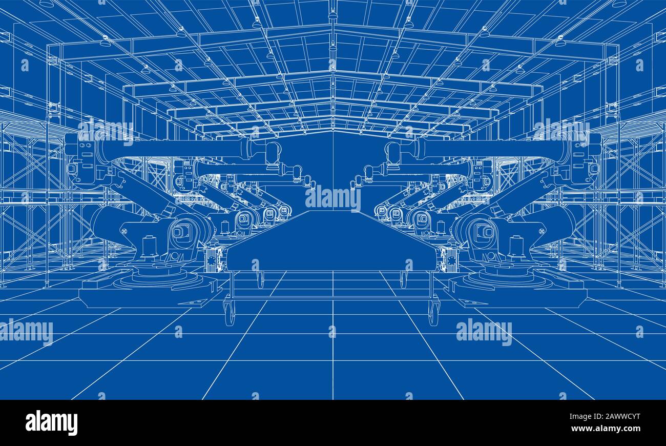 A plant with industral robots manipulators. Blueprint style. Vector ...