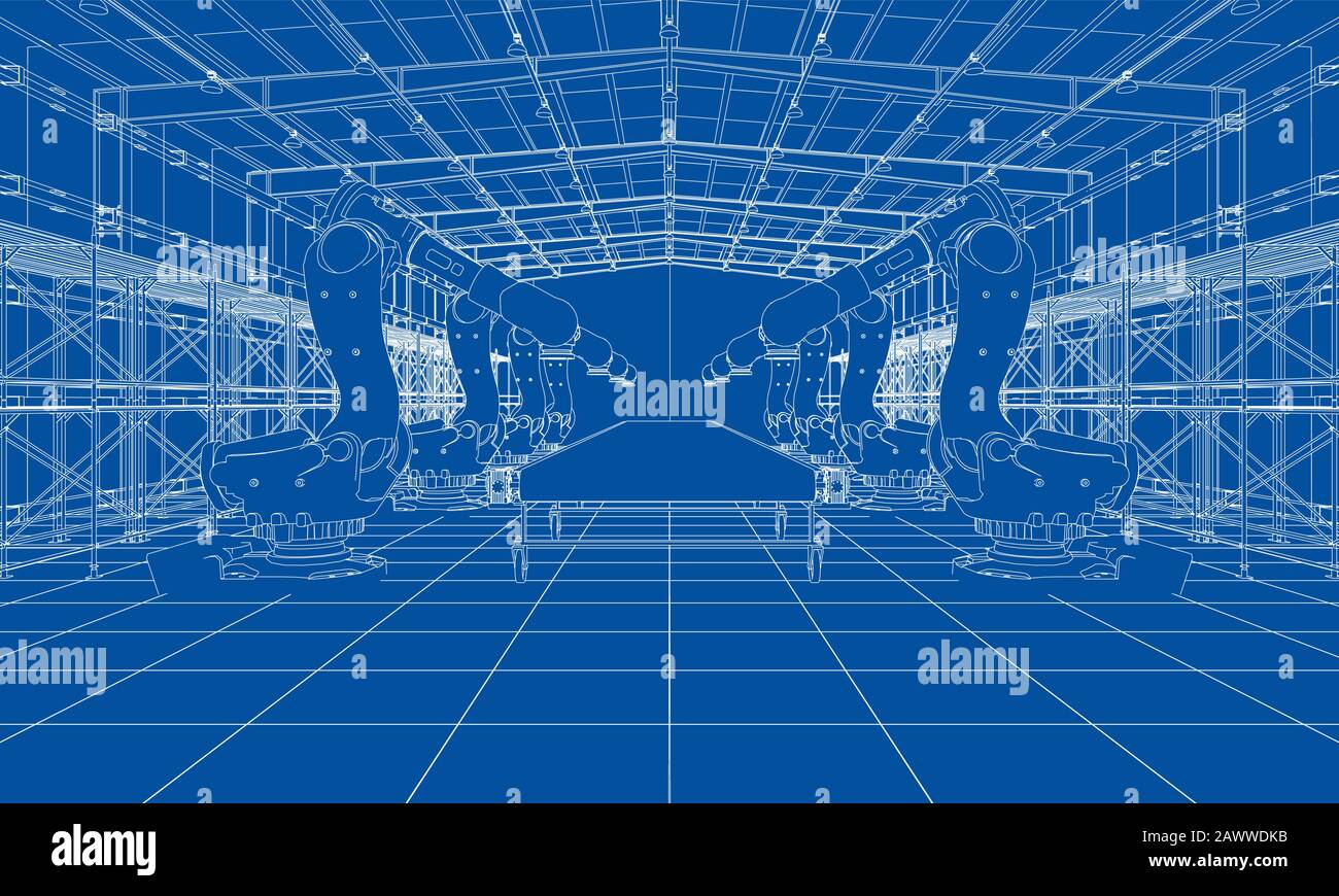 A plant with industral robots manipulators. Blueprint style. Vector ...