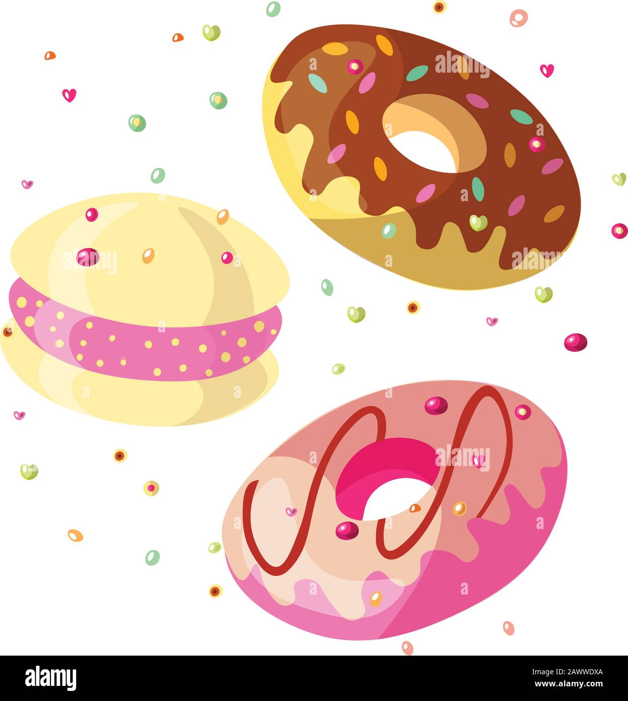Set of Sweet cartoon chocolate and strawberry donut illustration with ...
