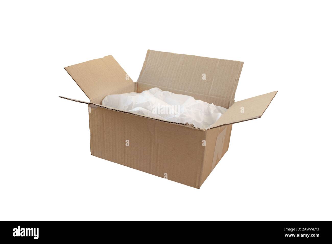 Opened cardboard box with crumpled wrapping paper. Shipment package ...