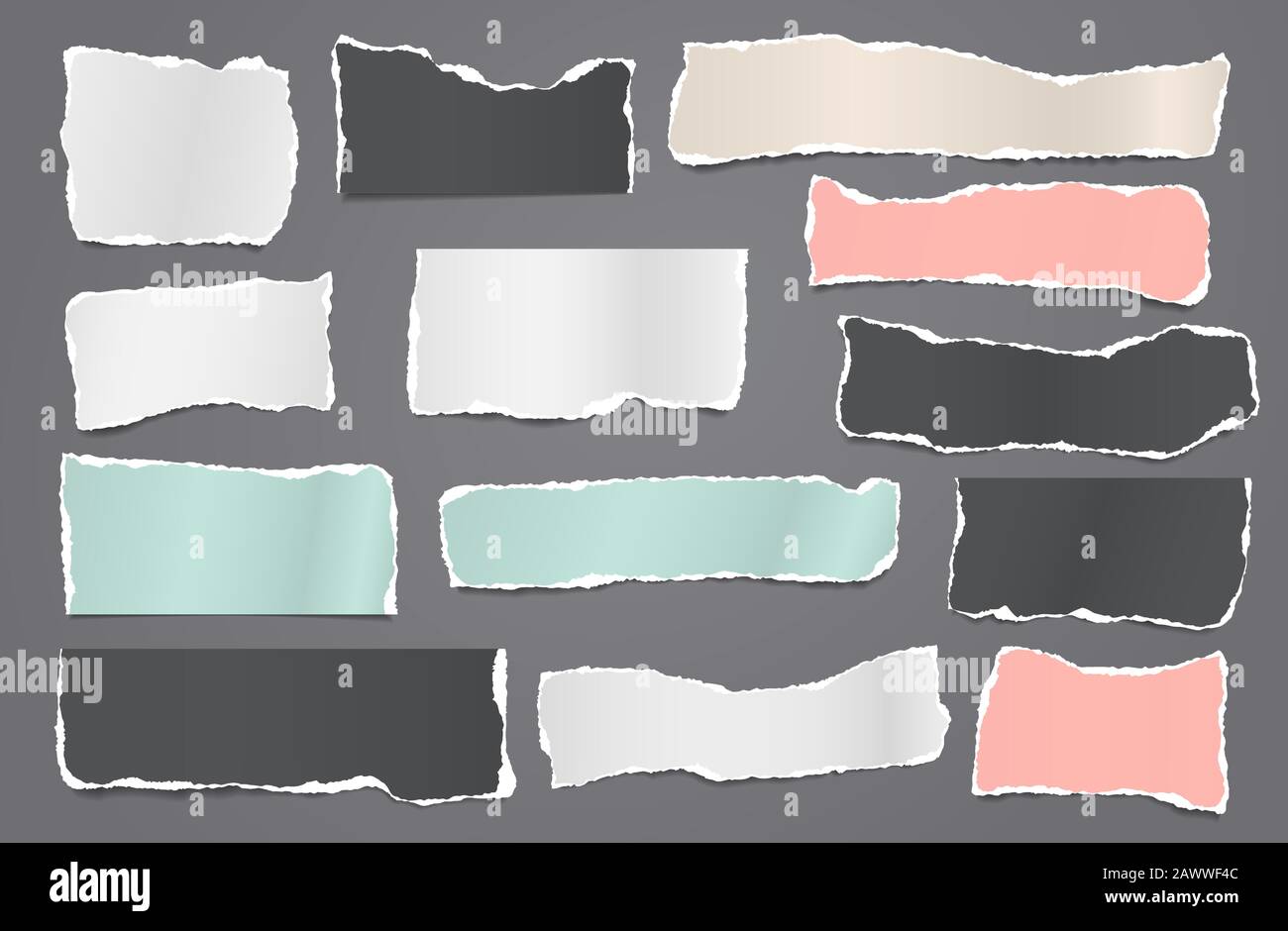 Set of torn white and colorful note, notebook paper strips and pieces ...