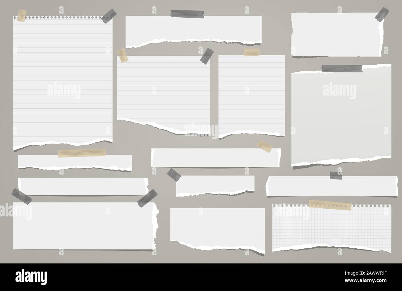 Set of torn white lined note, notebook paper strips and pieces stuck ...