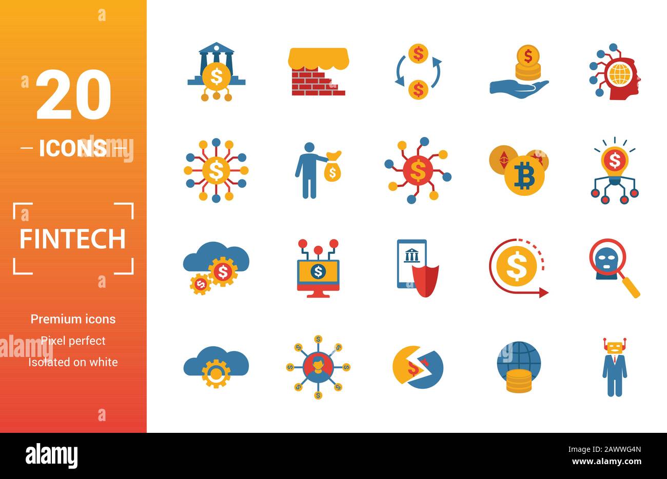 Fintech icon set. Include creative elements online banking, direct ...
