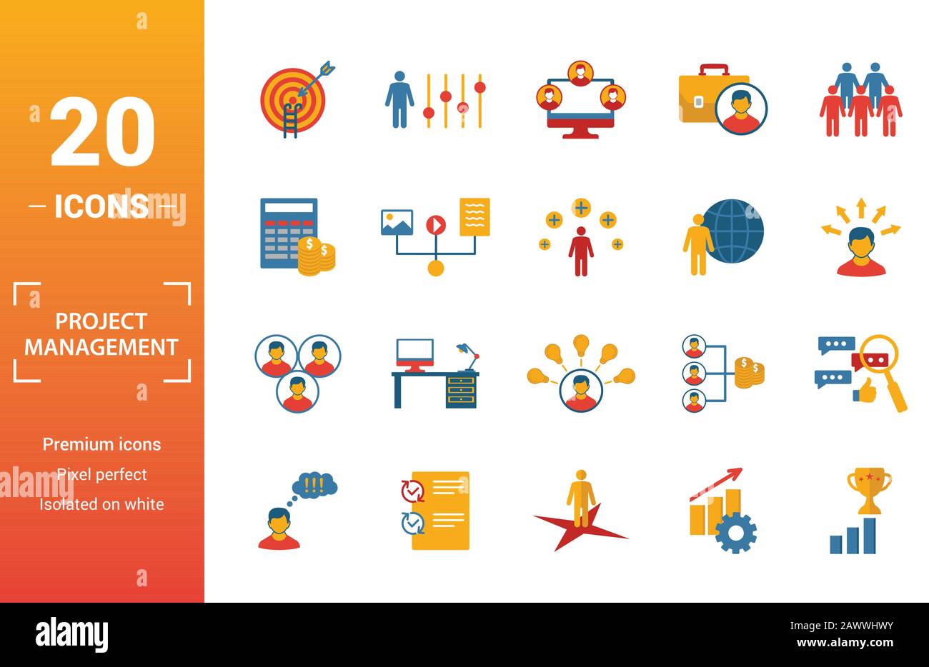 Project Management icon set. Include creative elements goal seeking ...