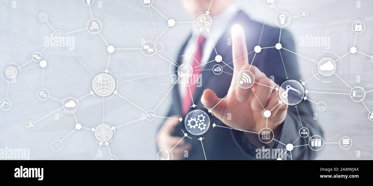 Technology industrial business process workflow organisation structure on virtual screen. IOT ...