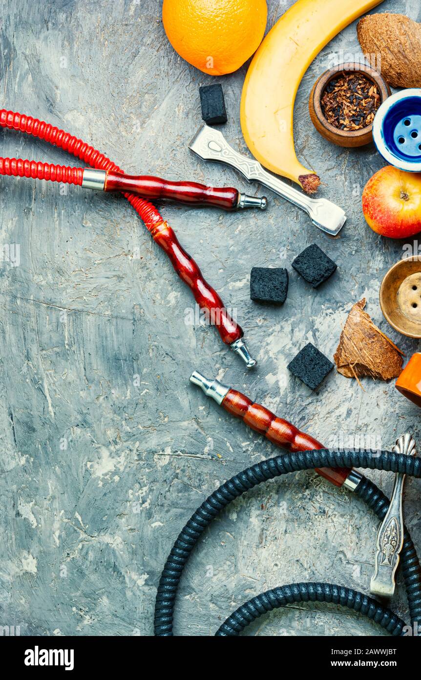 Hookah and fruit smoking tobacco.Smoking hookah for relaxation Stock ...