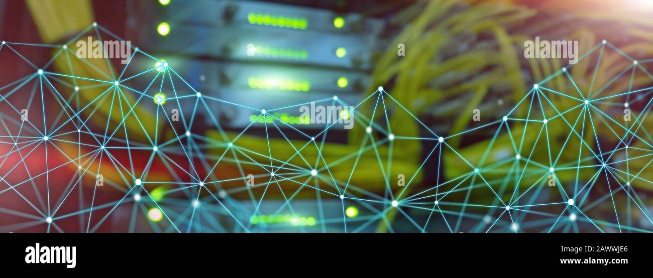 Visual Effect Connection network in servers data center room. Elongated ...
