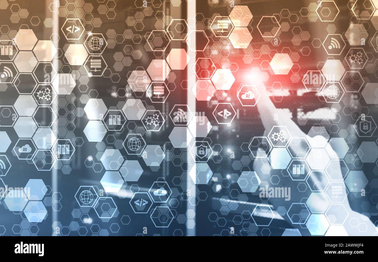 Digital internet connection technology concept. Icons on server rack ...