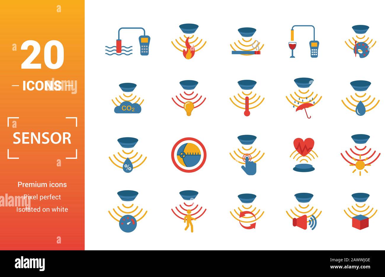 Sensor icon set. Include creative elements water quality sensor, smoke ...