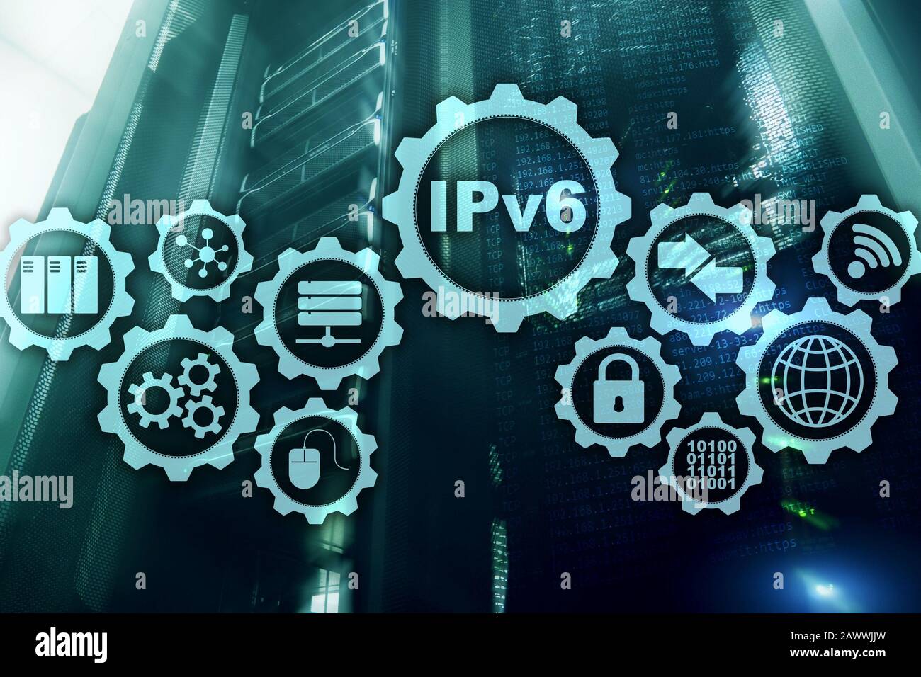 IPv6 Internet Protocol on server room background. Business Technology ...