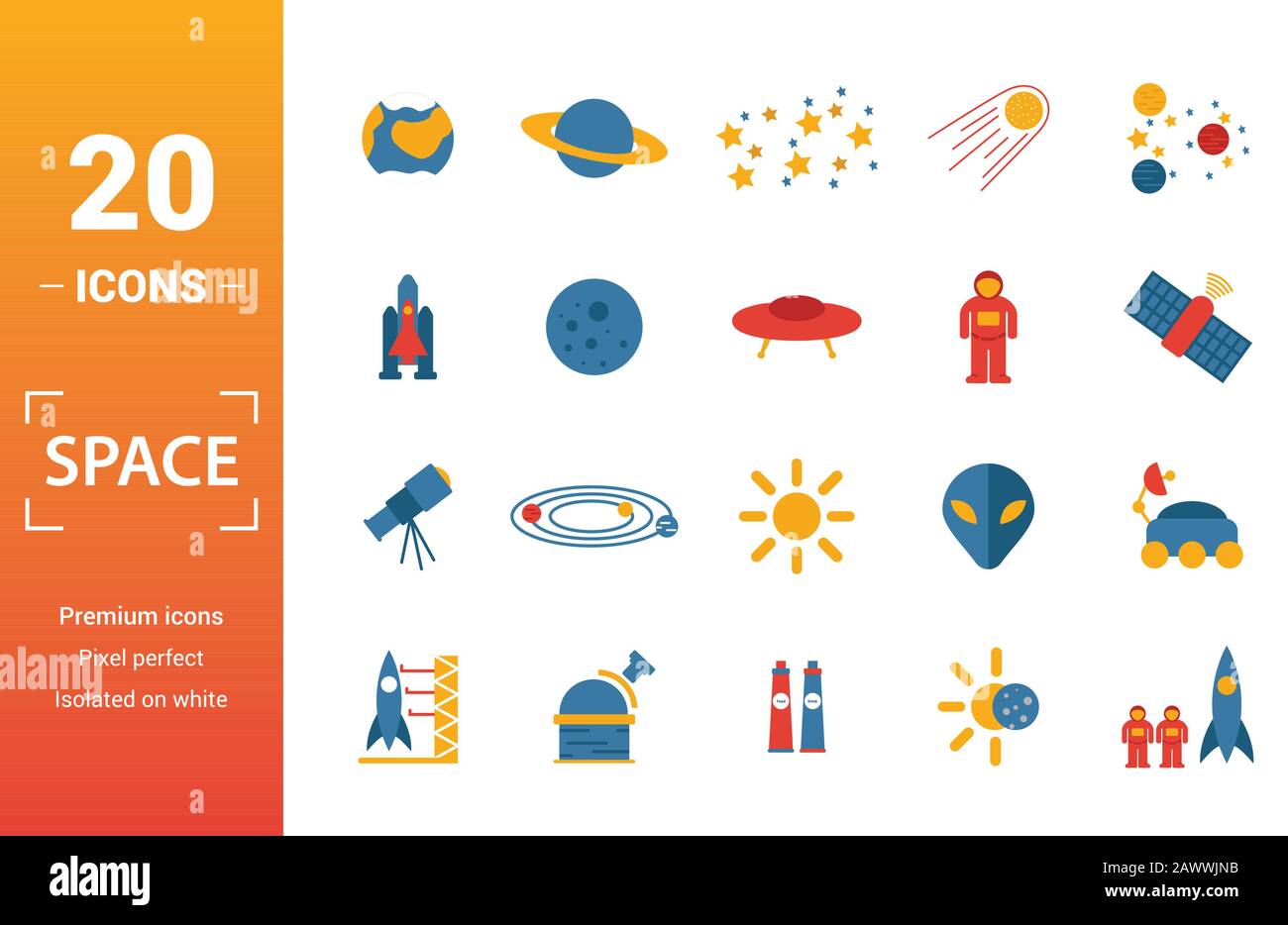 Space icon set. Include creative elements earth planet, stars, spaceship, spacemen, telescope ...