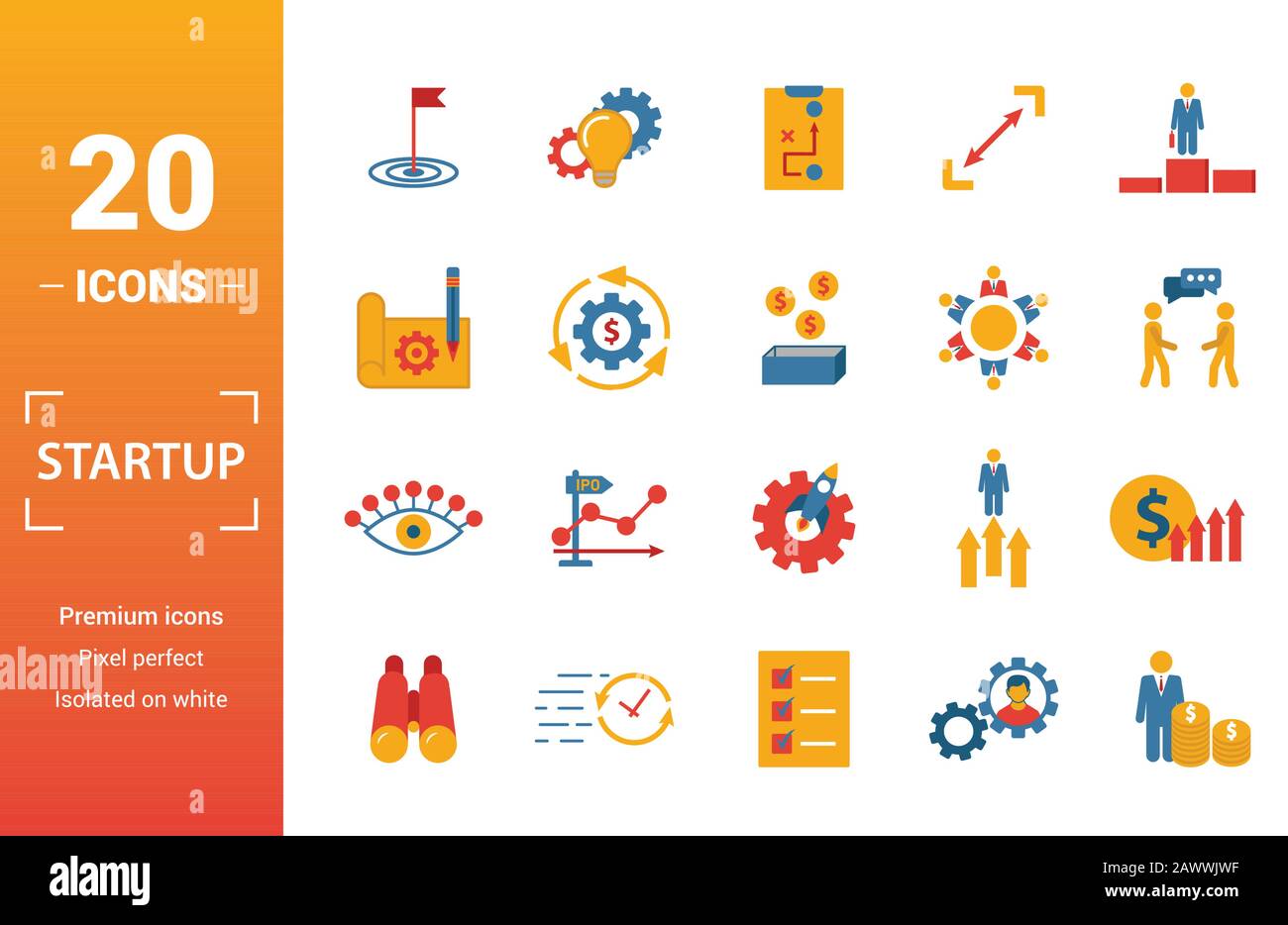 Startup icon set. Include creative elements goal, business plan, prototype, business incubator ...