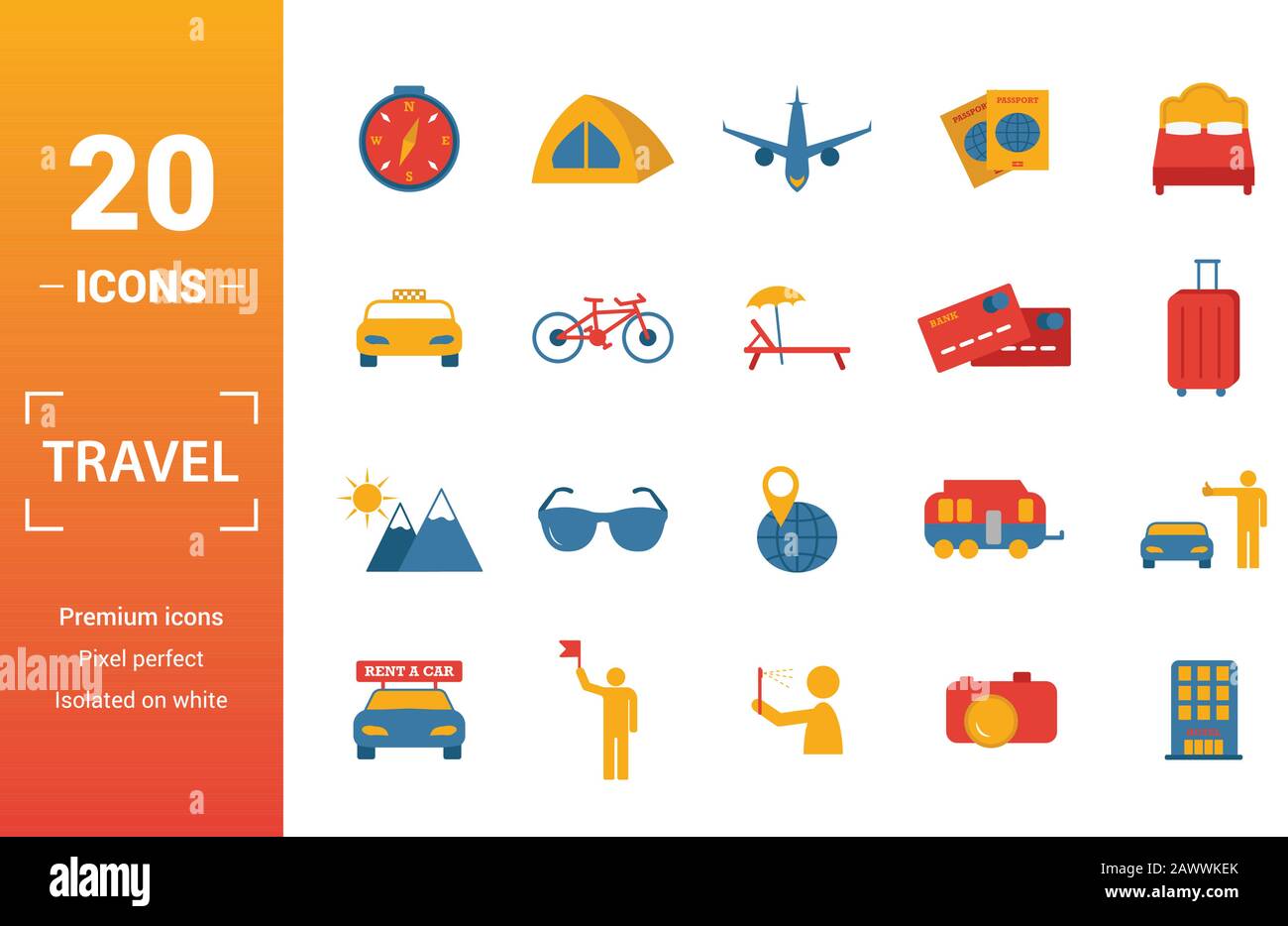Travel icon set. Include creative elements compass, aircraft, taxi ...
