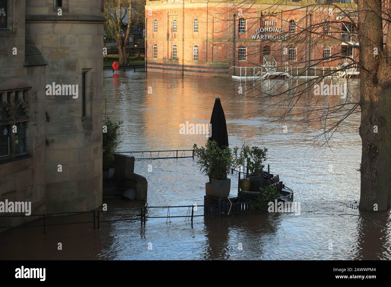 Floodwater surrounds Dyls cafe, York, in the aftermath of Storm Ciara ...