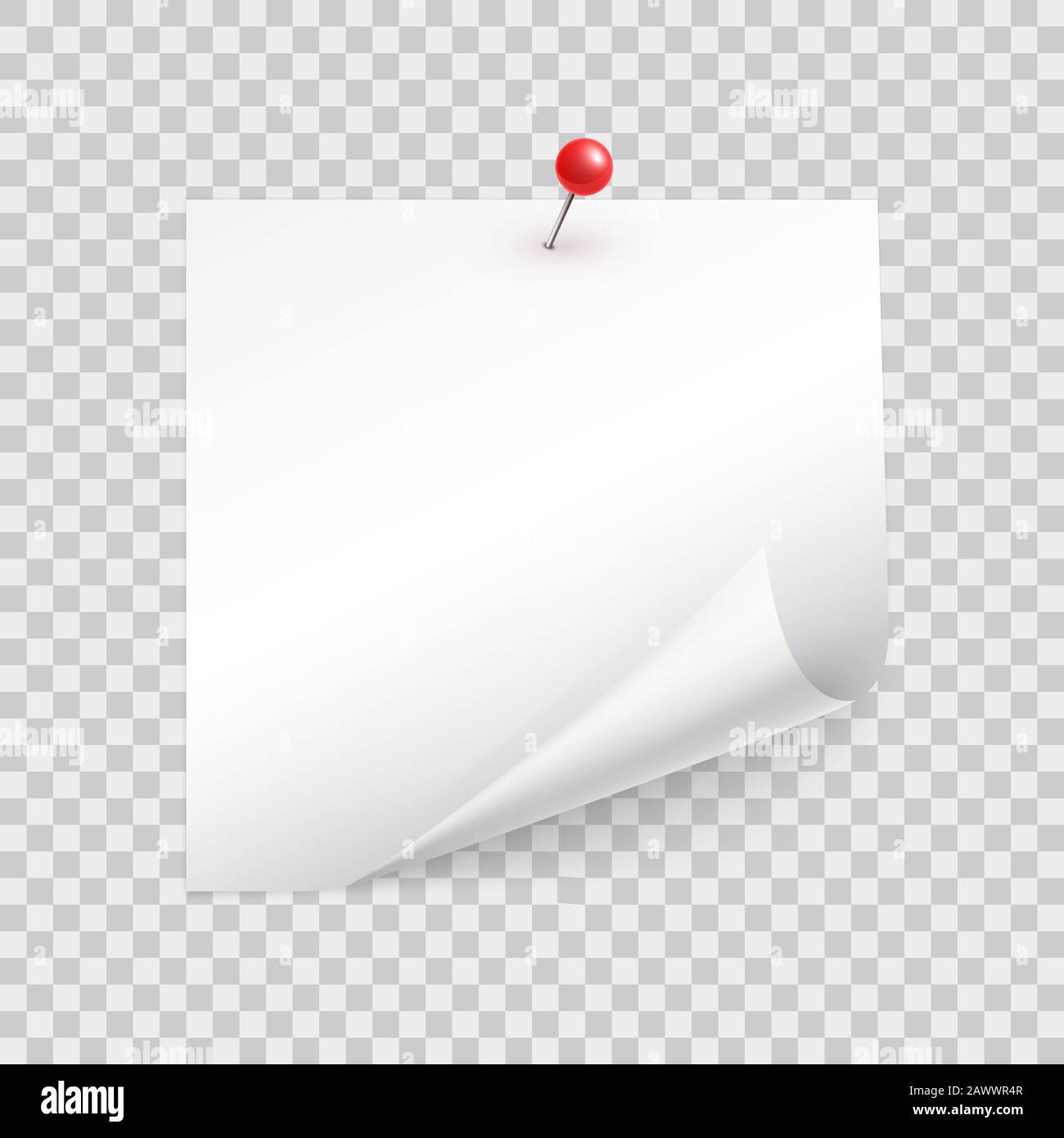 Square sheet of paper with a curled corner pins with a pushpin ...