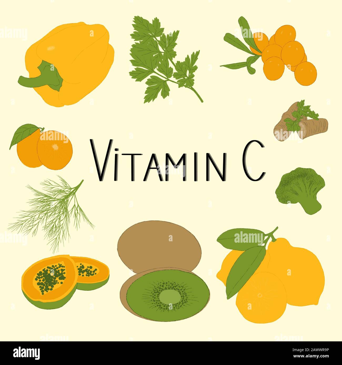 Hand drawn set of vitamin c products.Healthy concept Stock Photo - Alamy