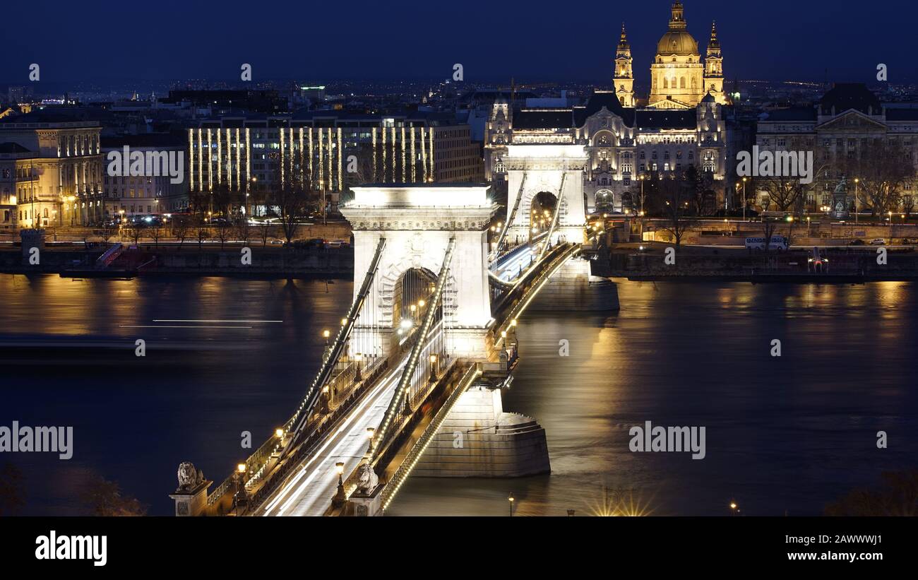 Budapest Chain bridge and Parliament panorama night lights beautiful ...