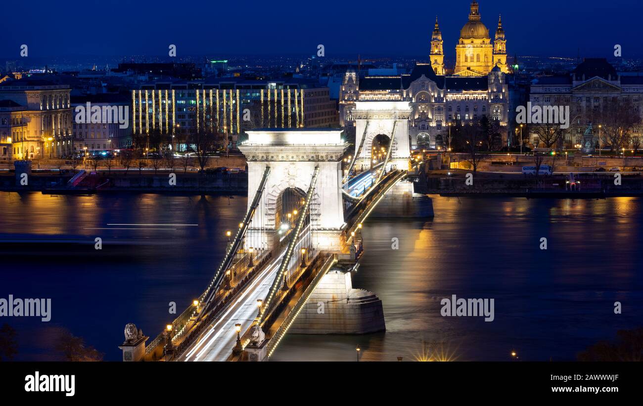 Budapest Chain bridge and Parliament panorama night lights beautiful ...