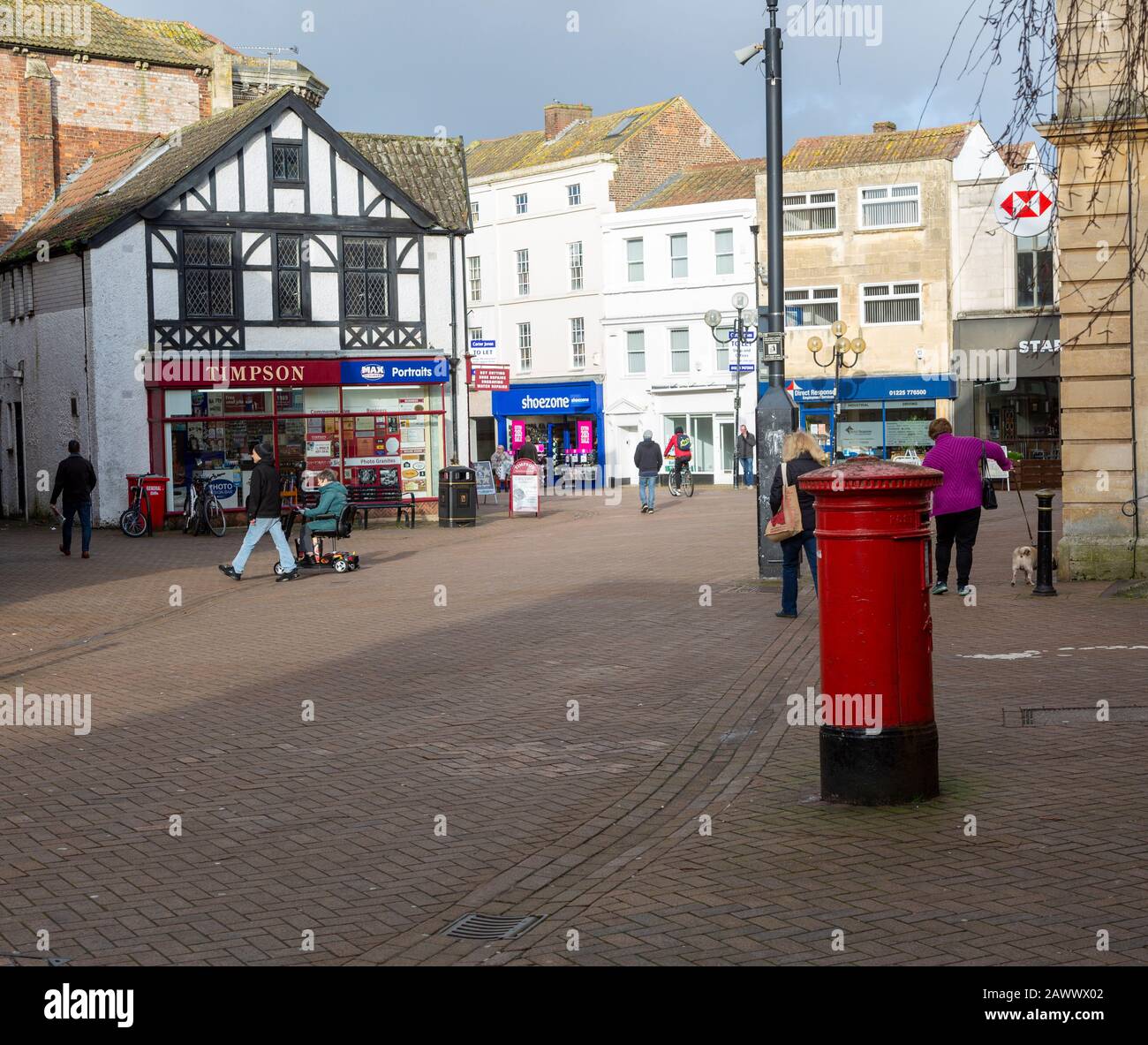 Historic buildings in pedestrianised street Trowbridge, Wiltshire ...