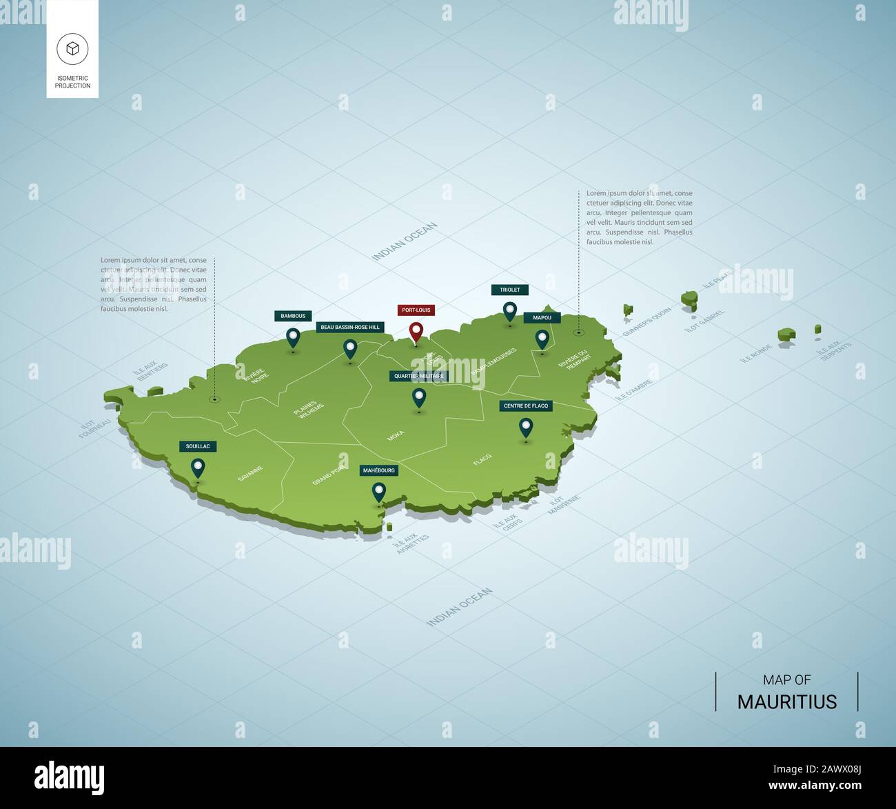 Stylized map of Mauritius. Isometric 3D green map with cities, borders ...