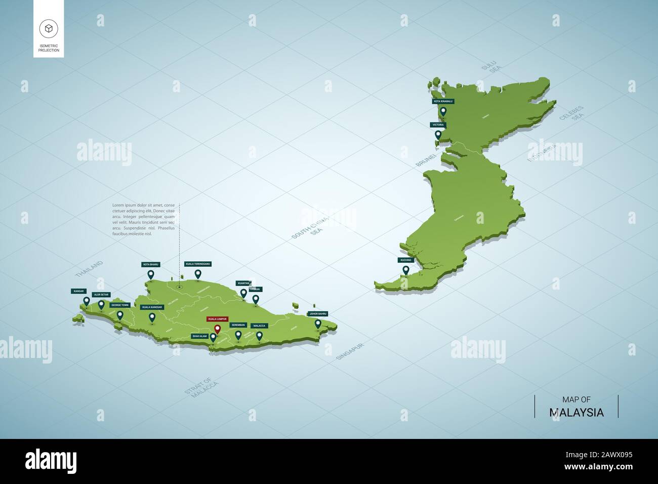 Stylized map of Malaysia. Isometric 3D green map with cities, borders ...