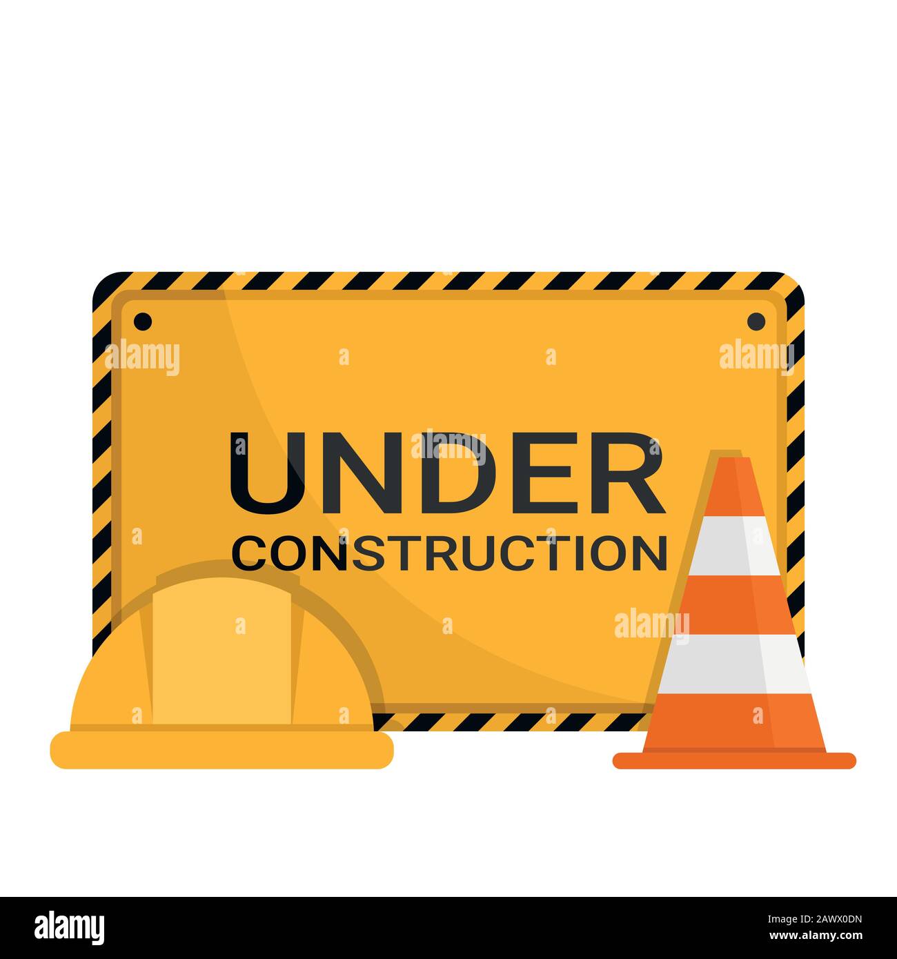 Under construction advertising sign with safety cone and safety helmet ...