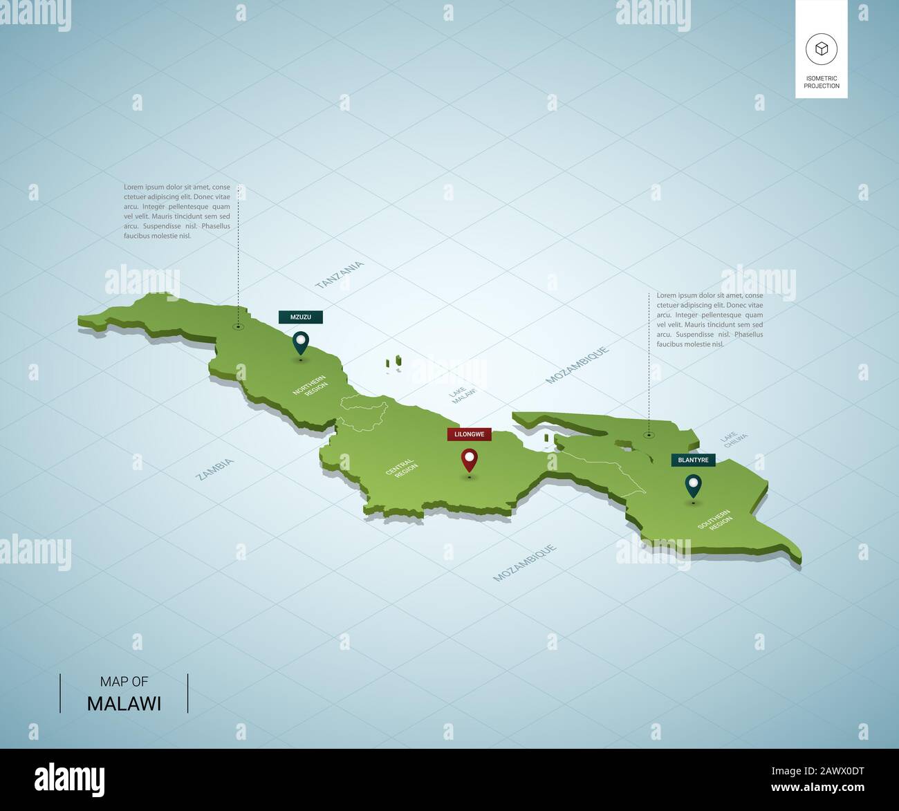 Stylized Map Of Malawi Isometric 3d Green Map With Cities Borders